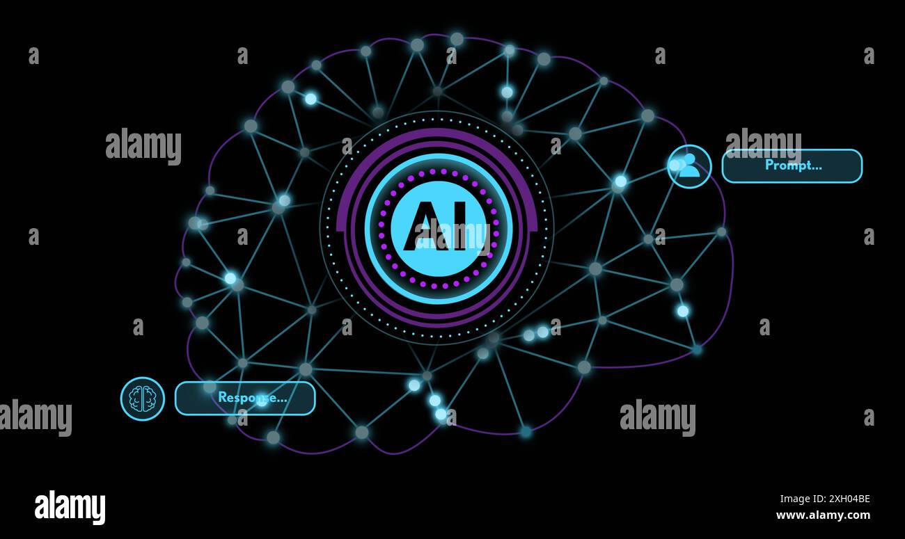 Image of human brain and ai data processing over black background. Global artificial ...