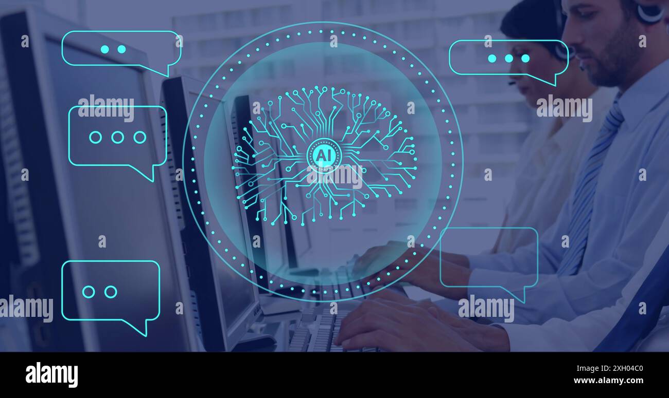 Image of ai data processing and brain over diverse people using ...