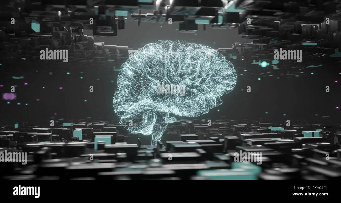 Image of human brain connections over black background. Global artificial intelligence, data ...