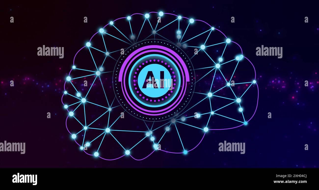 Image of human brain and ai data processing over black background. Global artificial ...