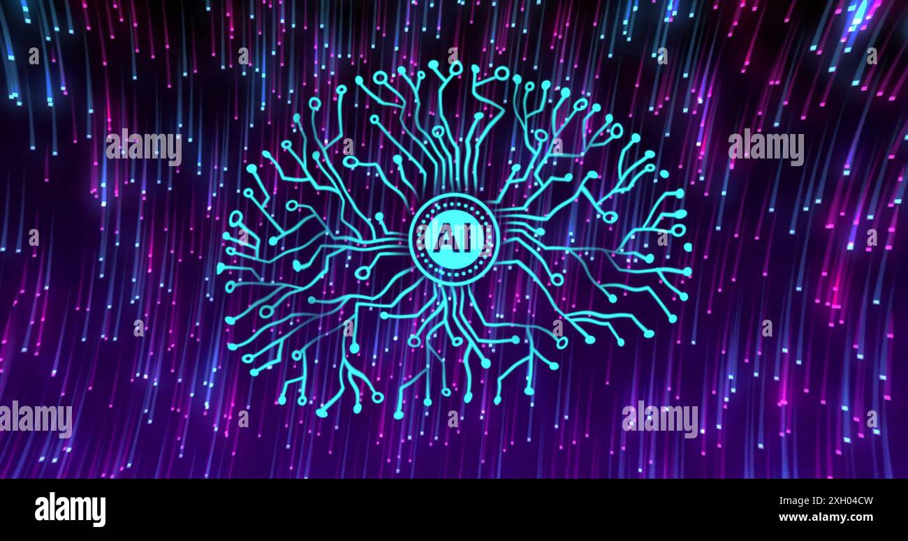 Image of human brain and ai data processing over black background. Global artificial ...