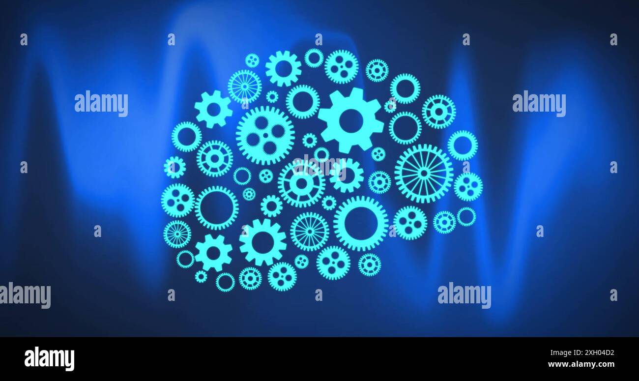 Image of human brain with cogs over blue light trails on black ...