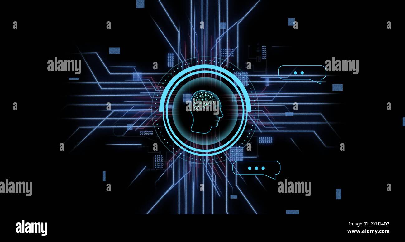 Image of human brain and ai data processing over black background. Global artificial ...