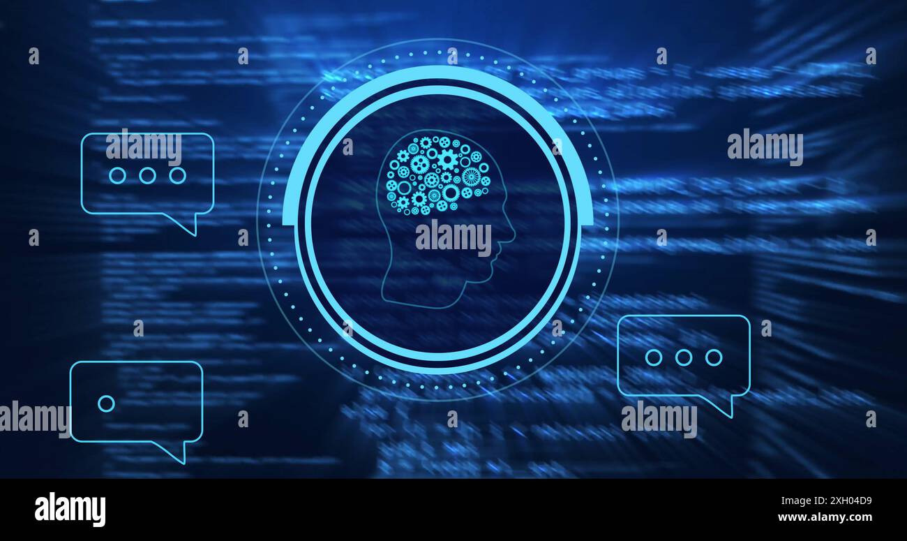 Image of human brain and ai data processing over black background ...