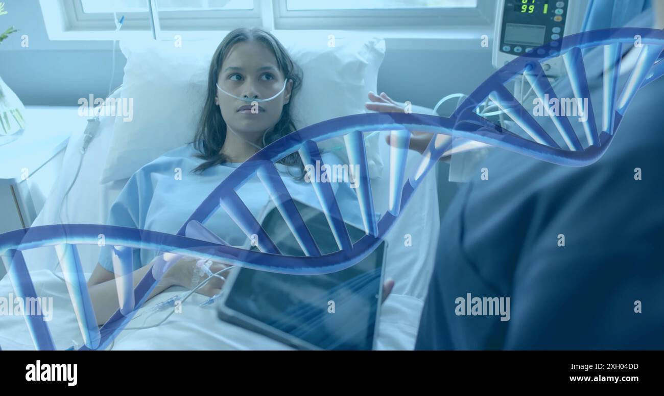 Image of dna strand over diverse female doctor with tablet and patient ...