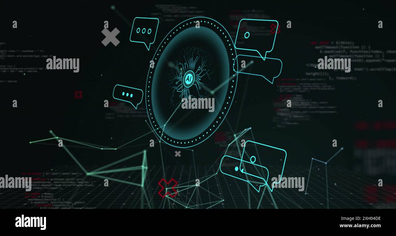 Image of human brain and ai data processing over black background. Global artificial ...