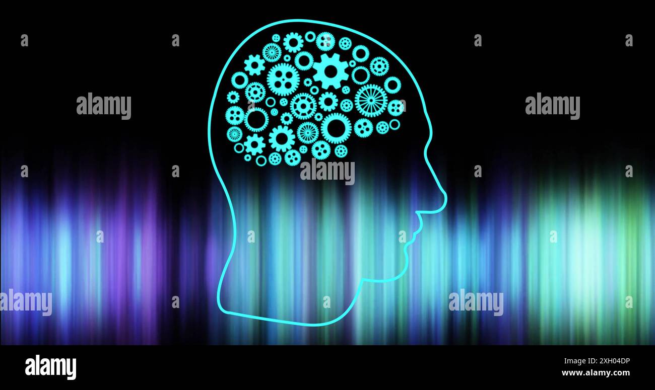 Image of human brain with cogs and light trails over black background. Global artificial ...