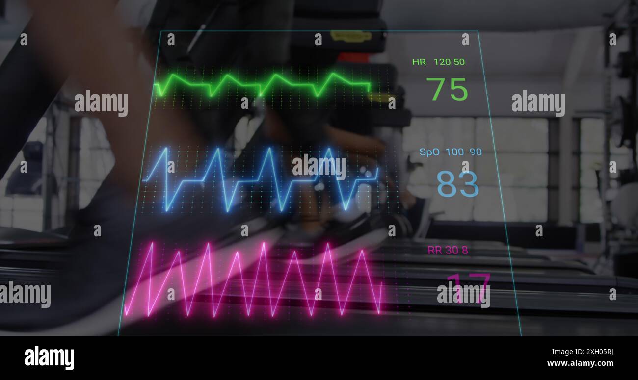 Image of cardiograph over diverse people exercising. Health, fitness ...