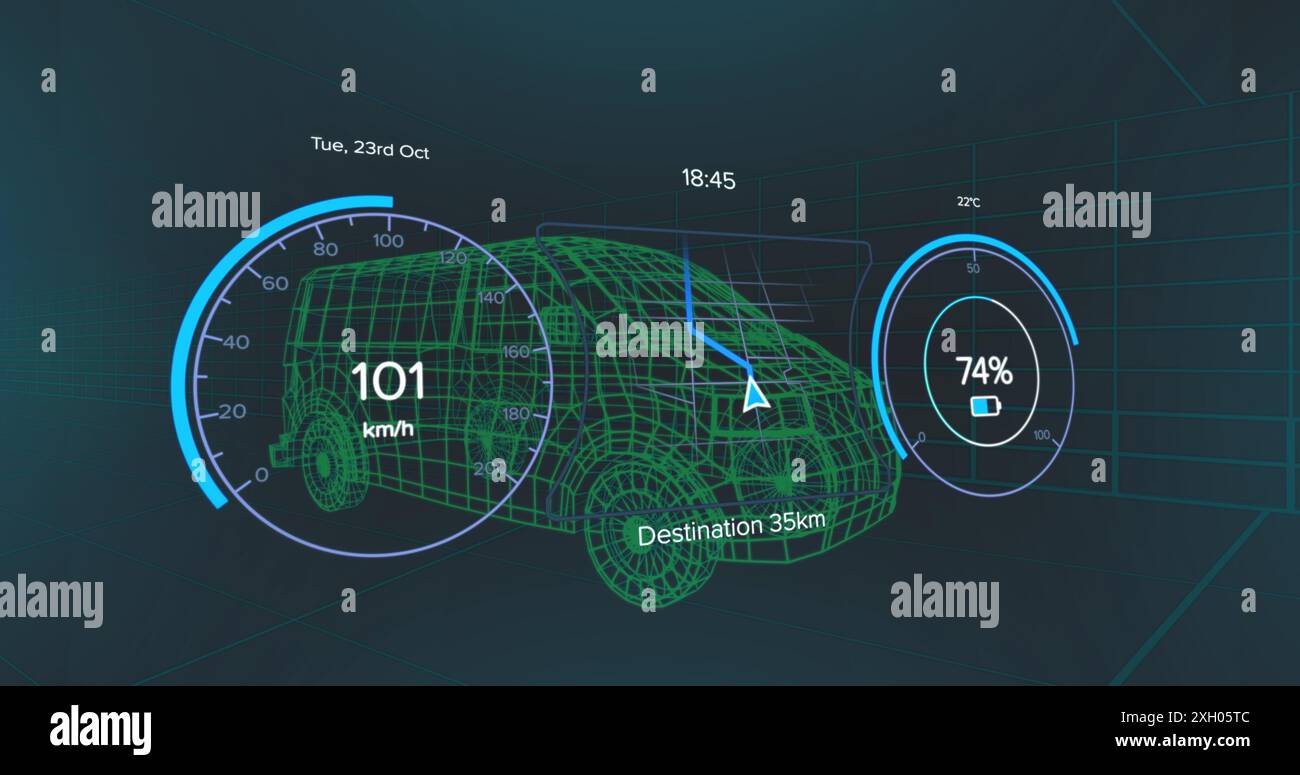 Image of speedometer and power level over van project on black ...