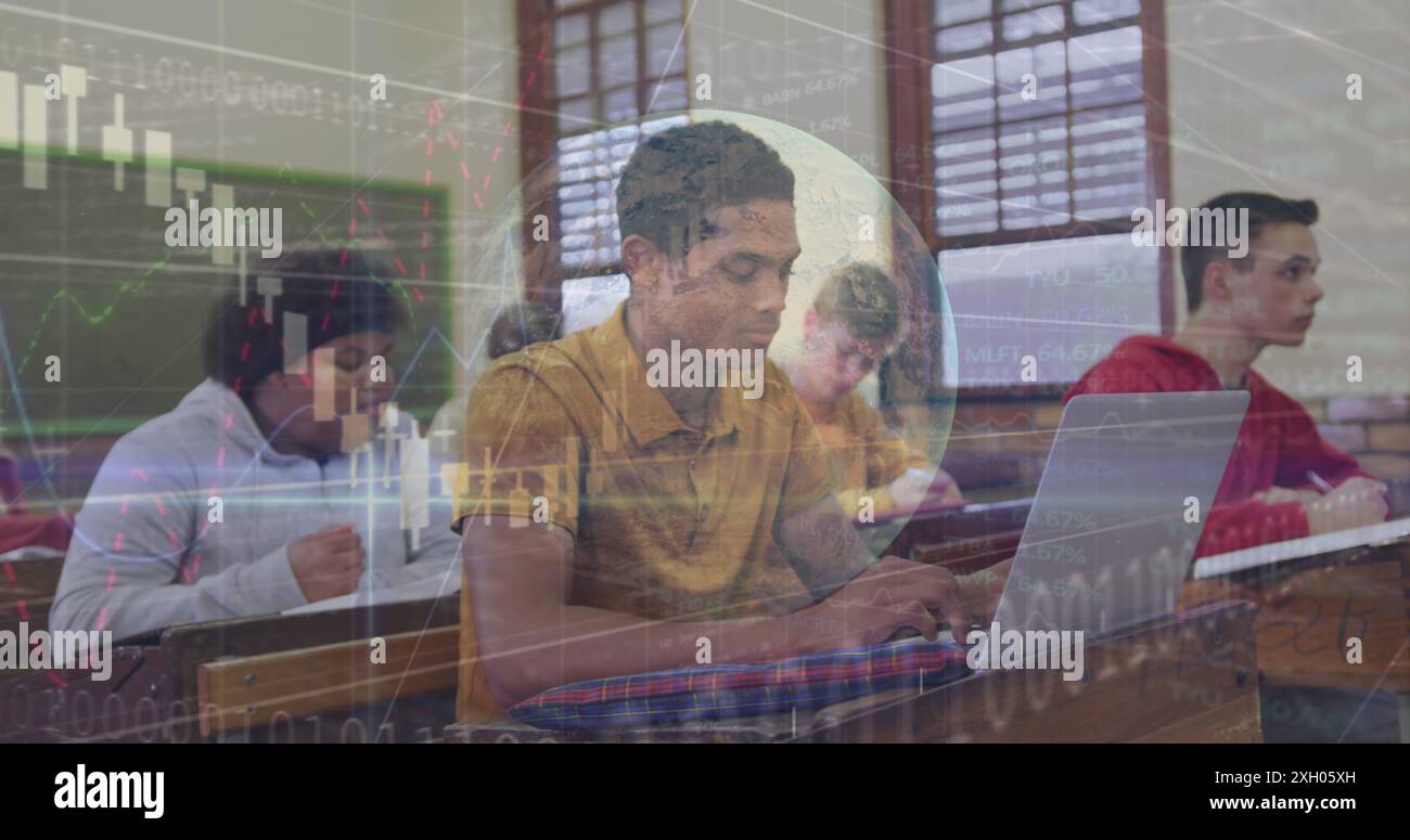 Image of globe, graphs, programming data over multiracial students ...