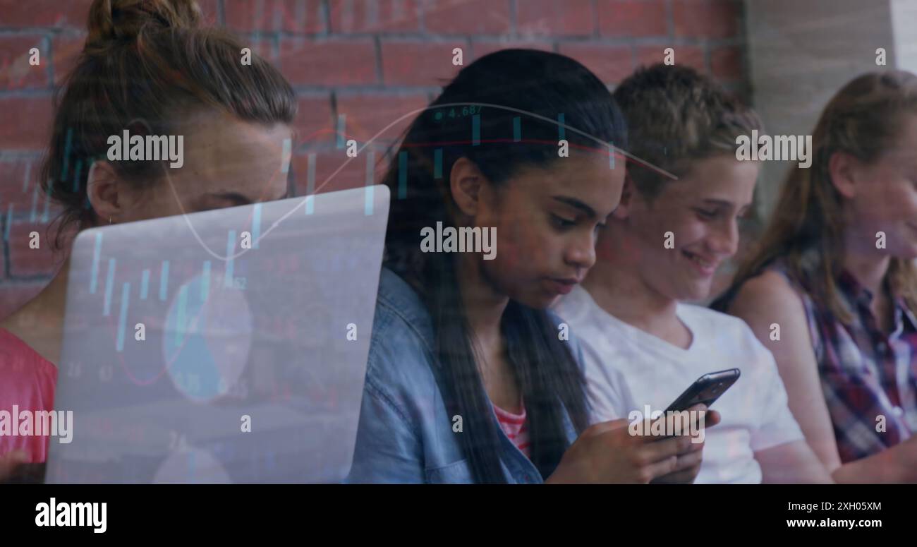 Image of trading board with graphs over multiracial young students ...