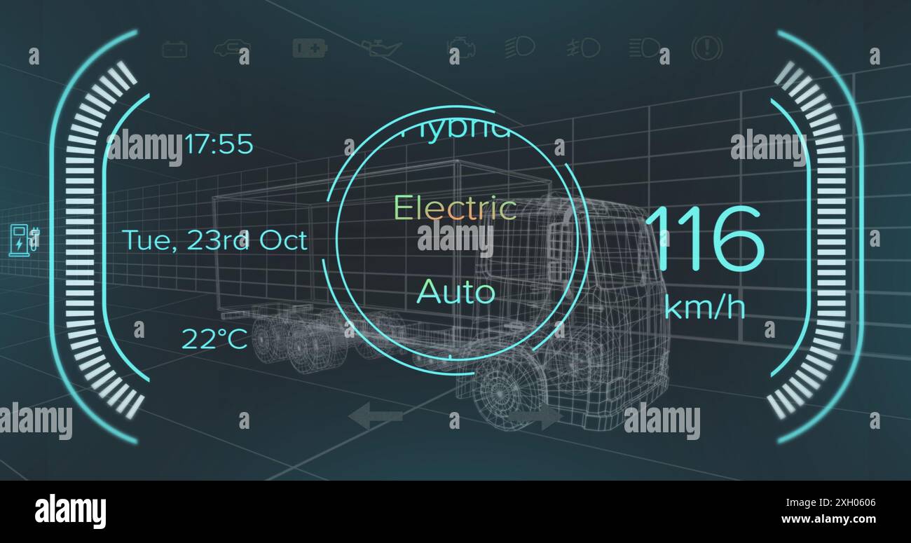 Image of speedometer and power level over truck project on black ...