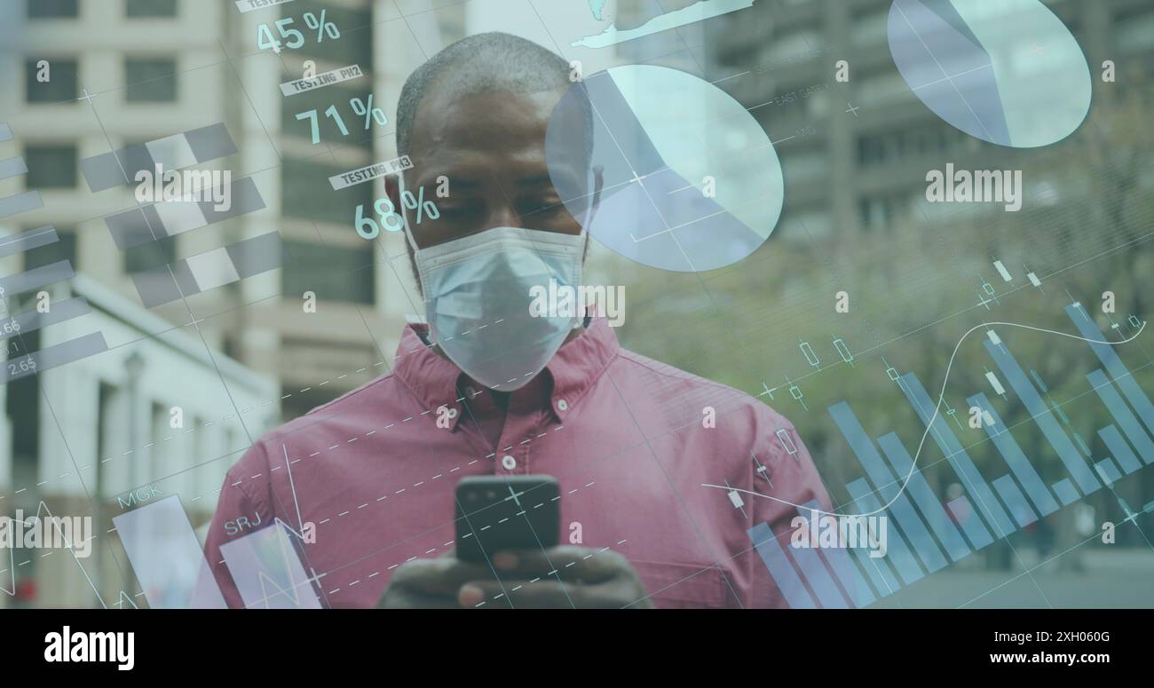 Image of data processing over african american men wearing face mask ...