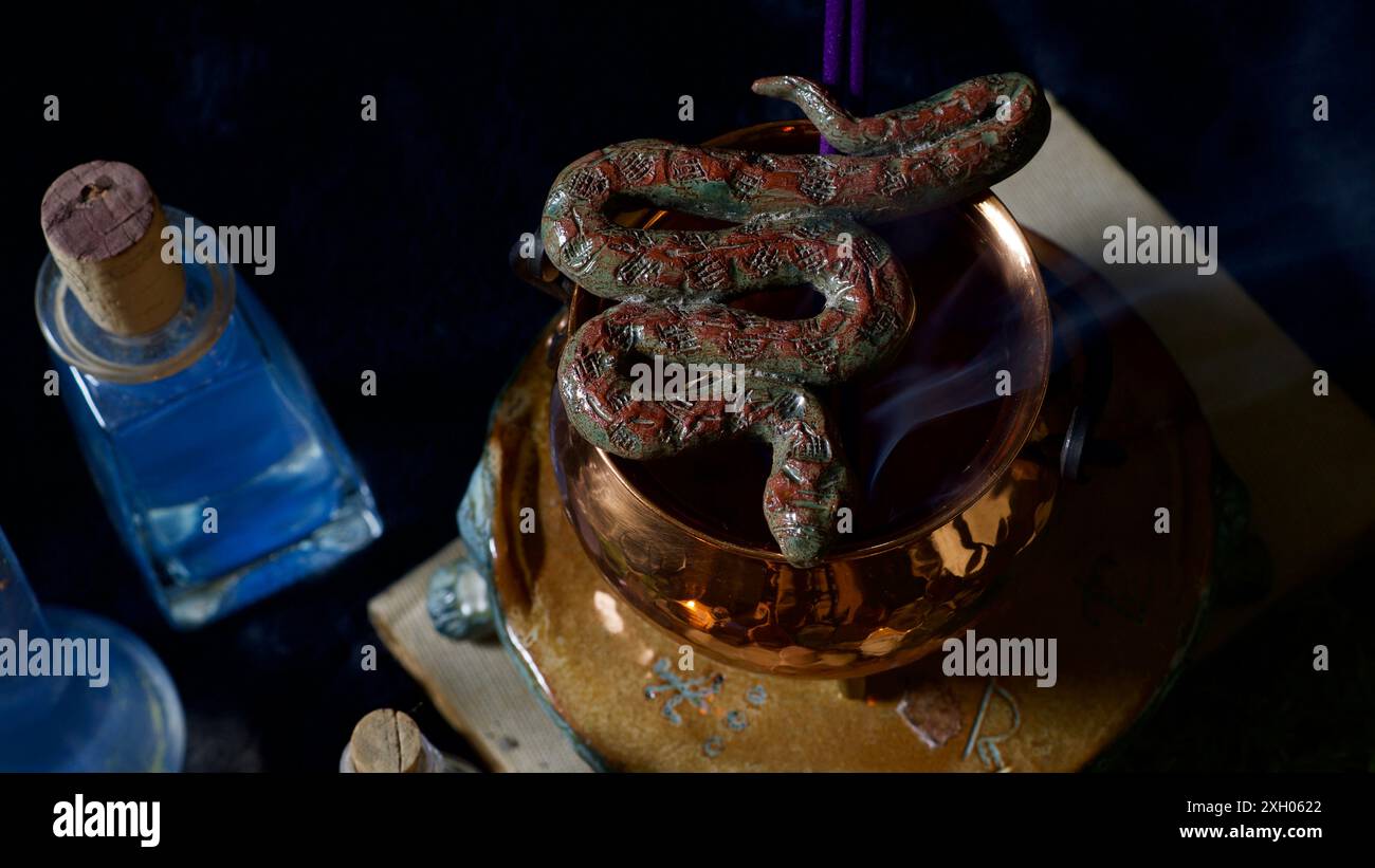 A cauldron with a clay snake on it. Smoke, glass bottles with blue ...