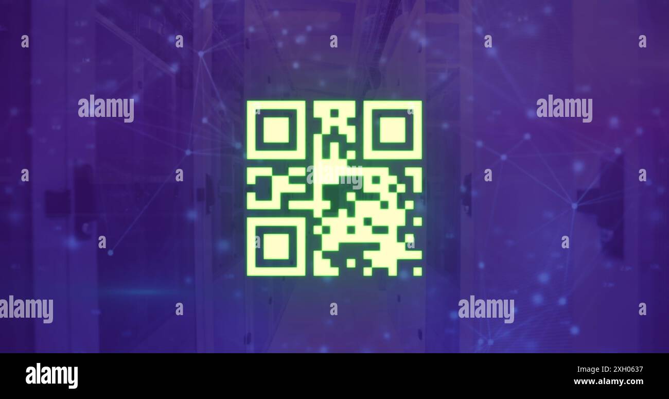 Image of qr code and network of connections over server room. Global ...