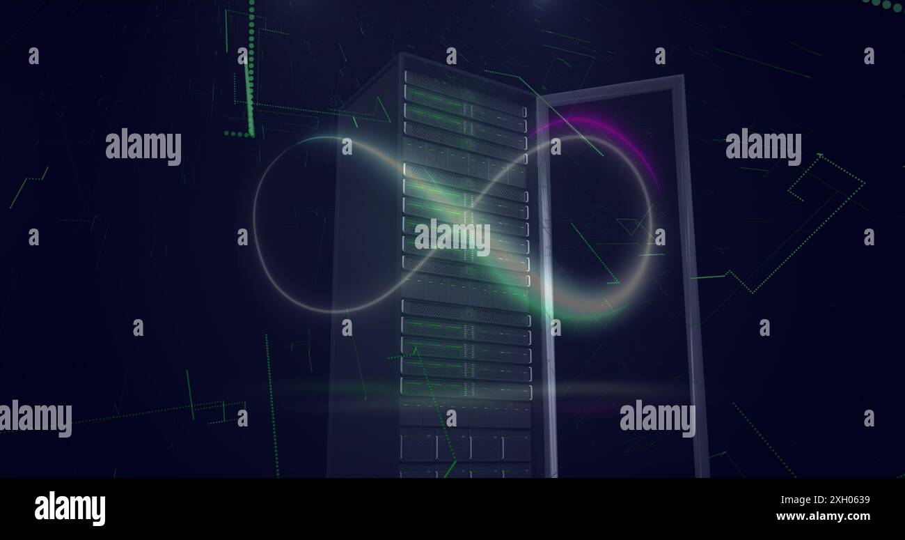 Image of shapes and spots over server. Global business and digital ...