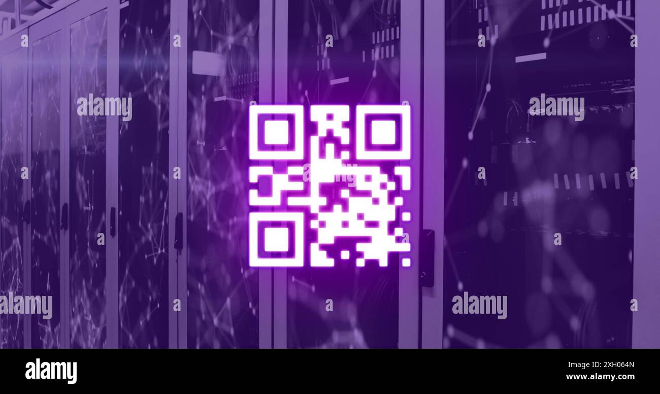 Image of qr code and network of connections over server room. Global ...
