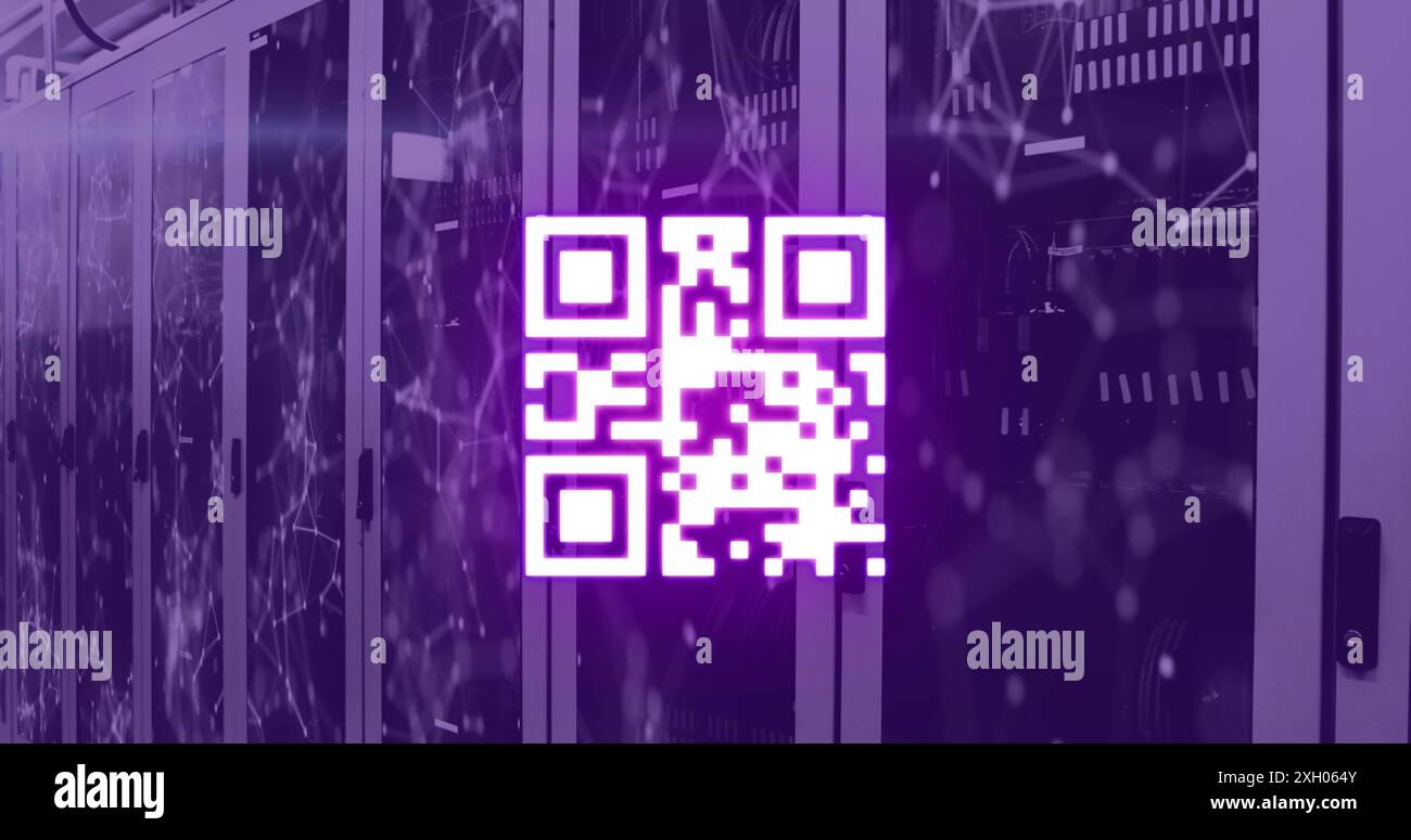 Image of qr code and network of connections over server room. Global ...