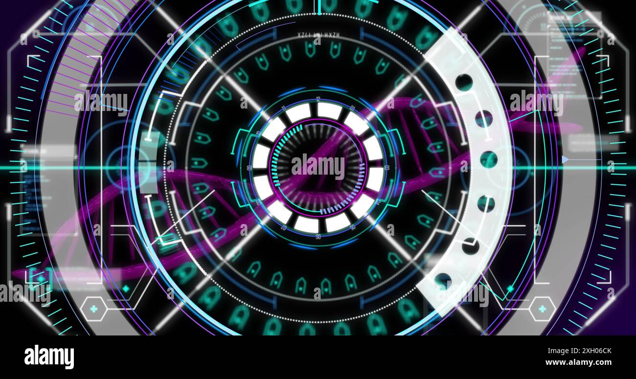 Image of arc reactor with abstract pattern and dna helix over black ...
