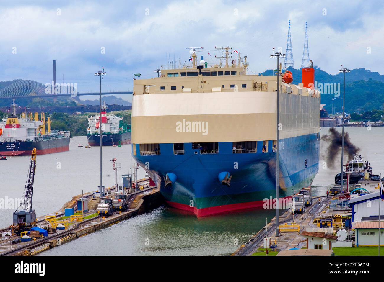 Panama, Panama City, Miraflores Locks in the Panama Canal hosts a ship ...