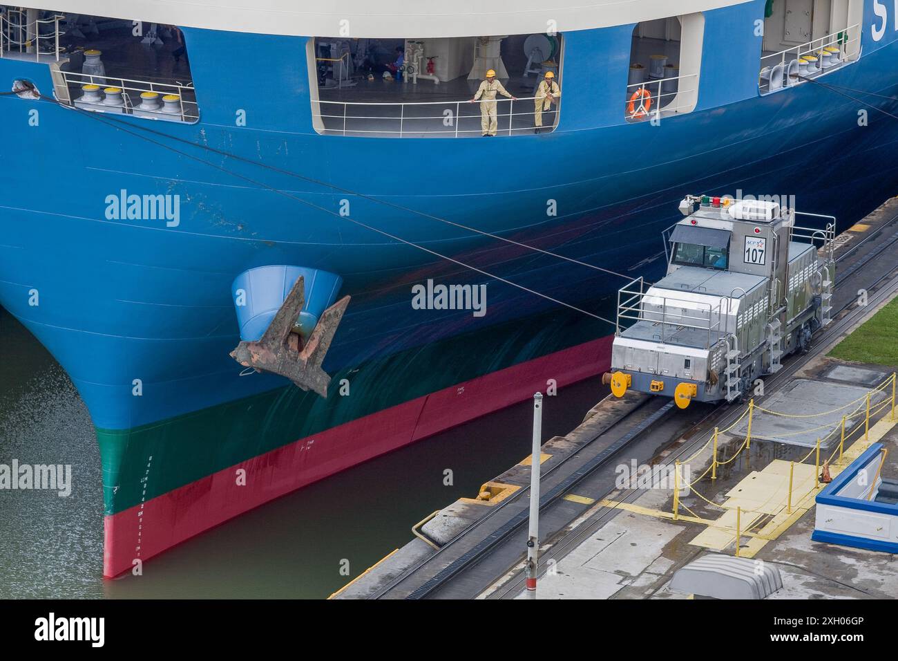 Panama, Panama City, Miraflores Locks in the Panama Canal hosts a ship ...