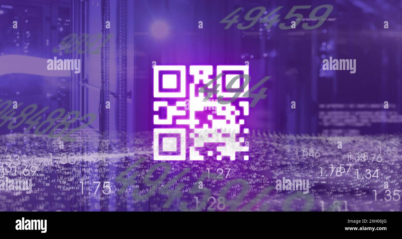 Image of data processing with qr code over server room. Global ...