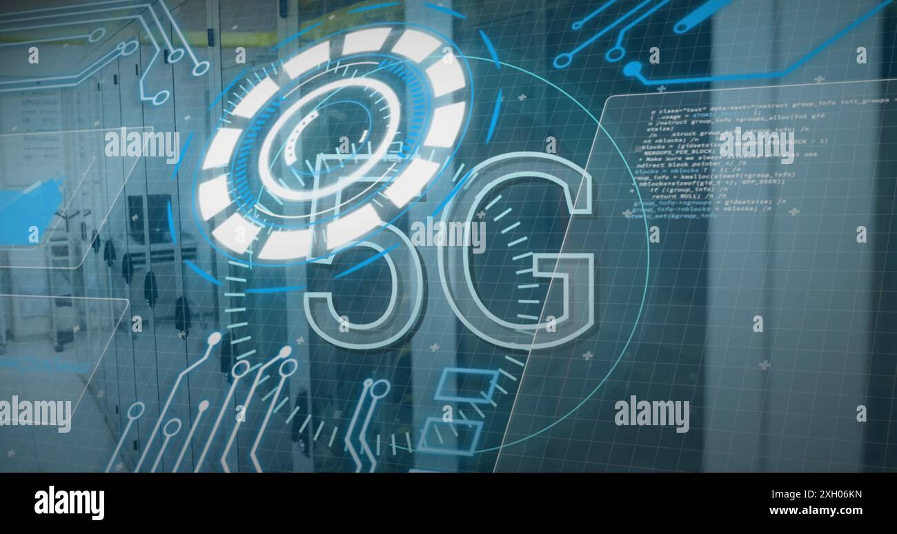 Image of scope scanning with 5g text and data processing over server room. Global technology ...