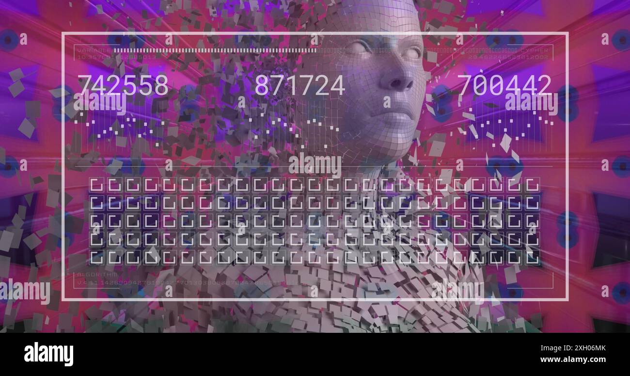 Image of data processing and digital human over shapes on purple background. Global technology ...