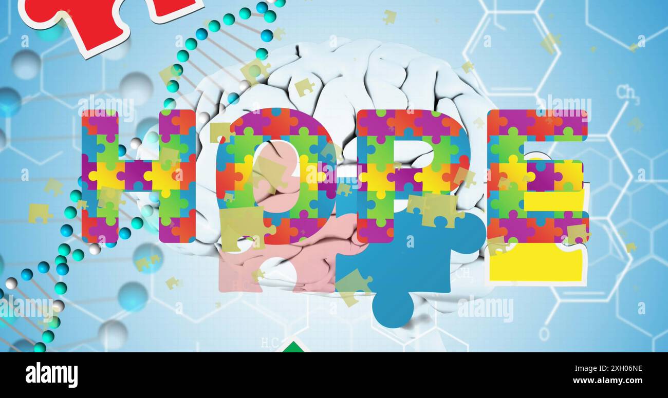 Images of falling colorful puzzle pieces over blue background. Autism ...