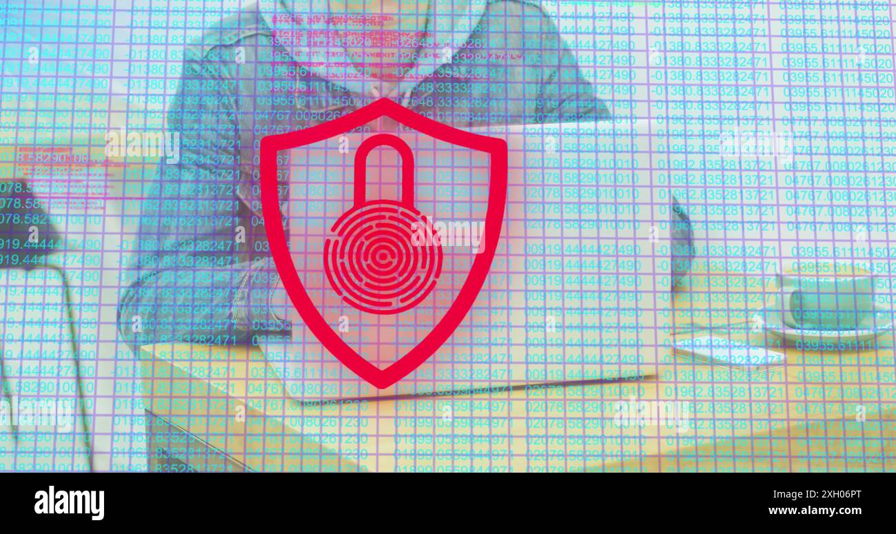 Image of fingerprinted padlock in shield and numbers on caucasian businessman using laptop ...