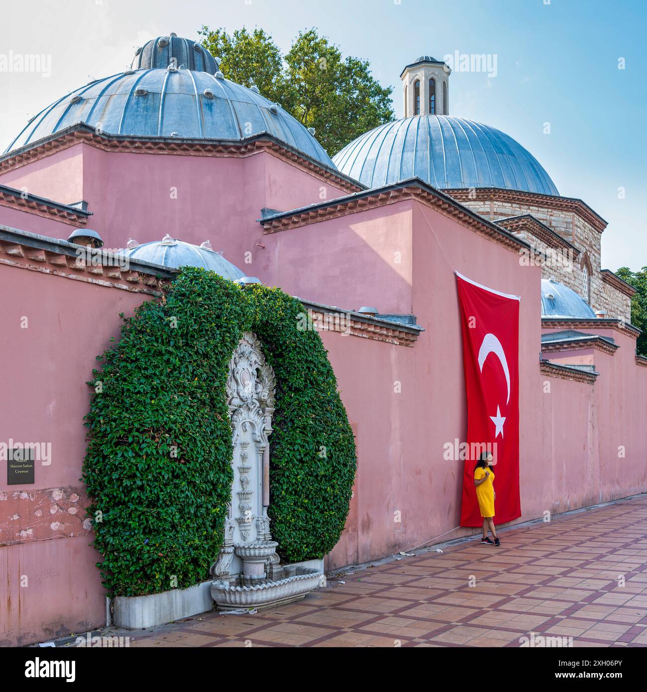 Asian woman in a yellow dress stands beside a Turkish flag hanging on ...