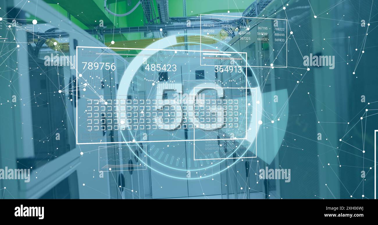 Image of scope scanning with 5g text and data processing over server room. Global technology ...