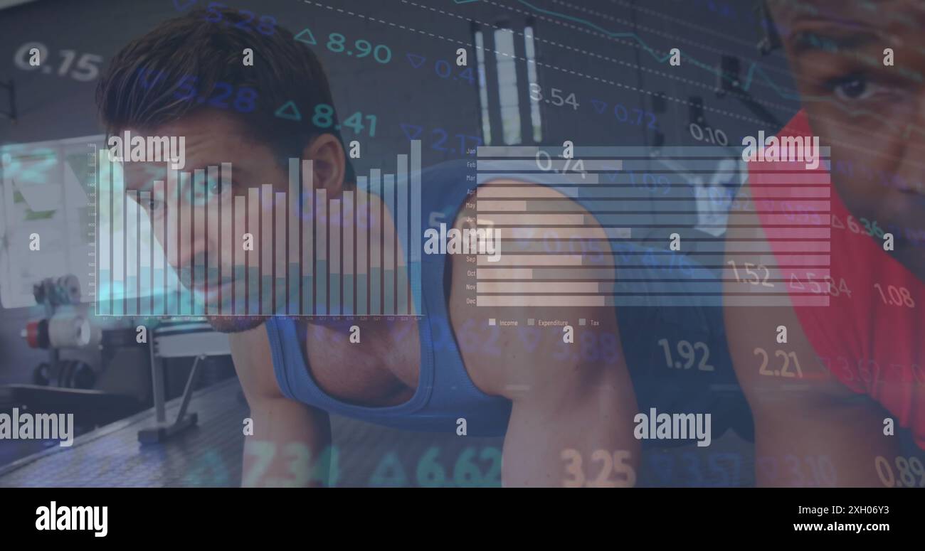 Image of graphs and numbers over multiracial athletes doing plank ...