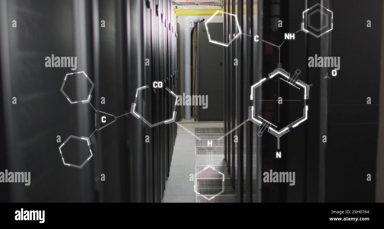Image of molecule structures against server room in background. Digital ...