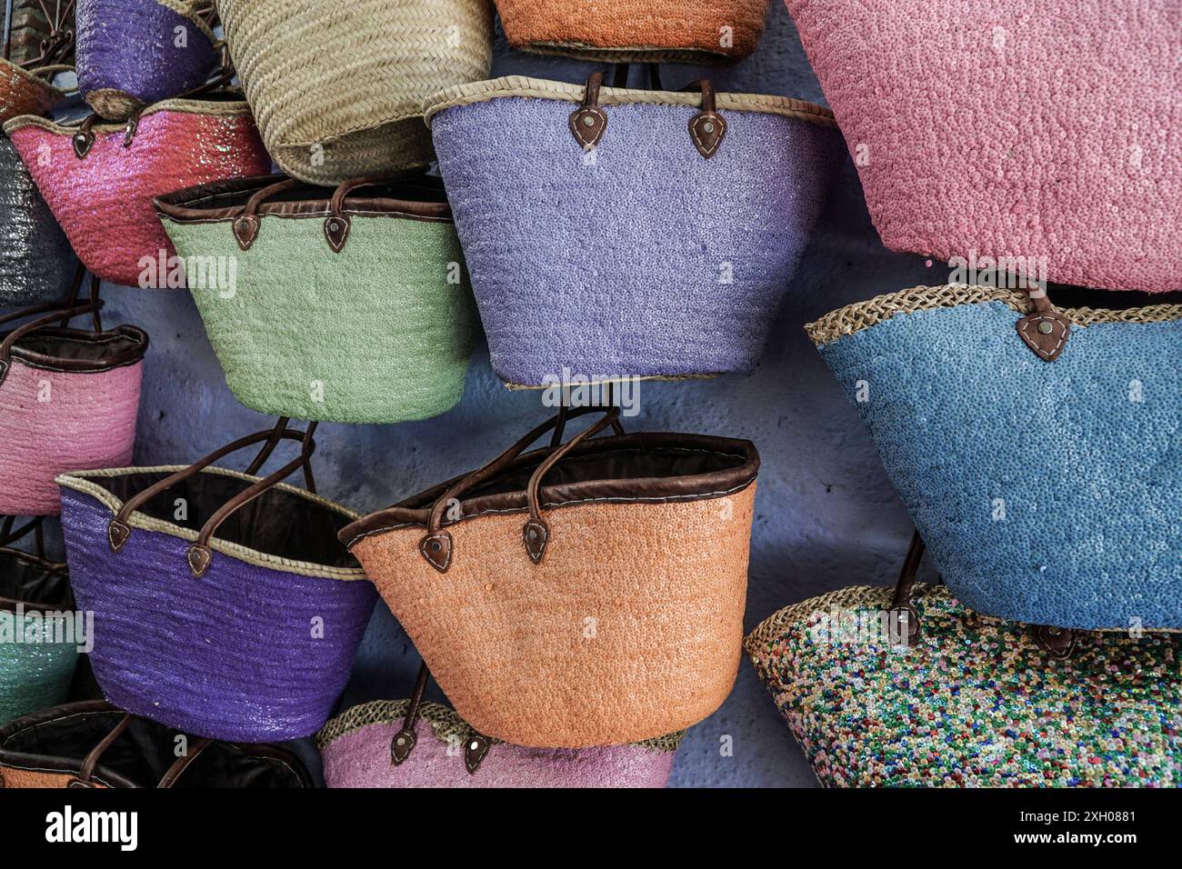 Colorful wicker bags at market in Morocco Stock Photo - Alamy