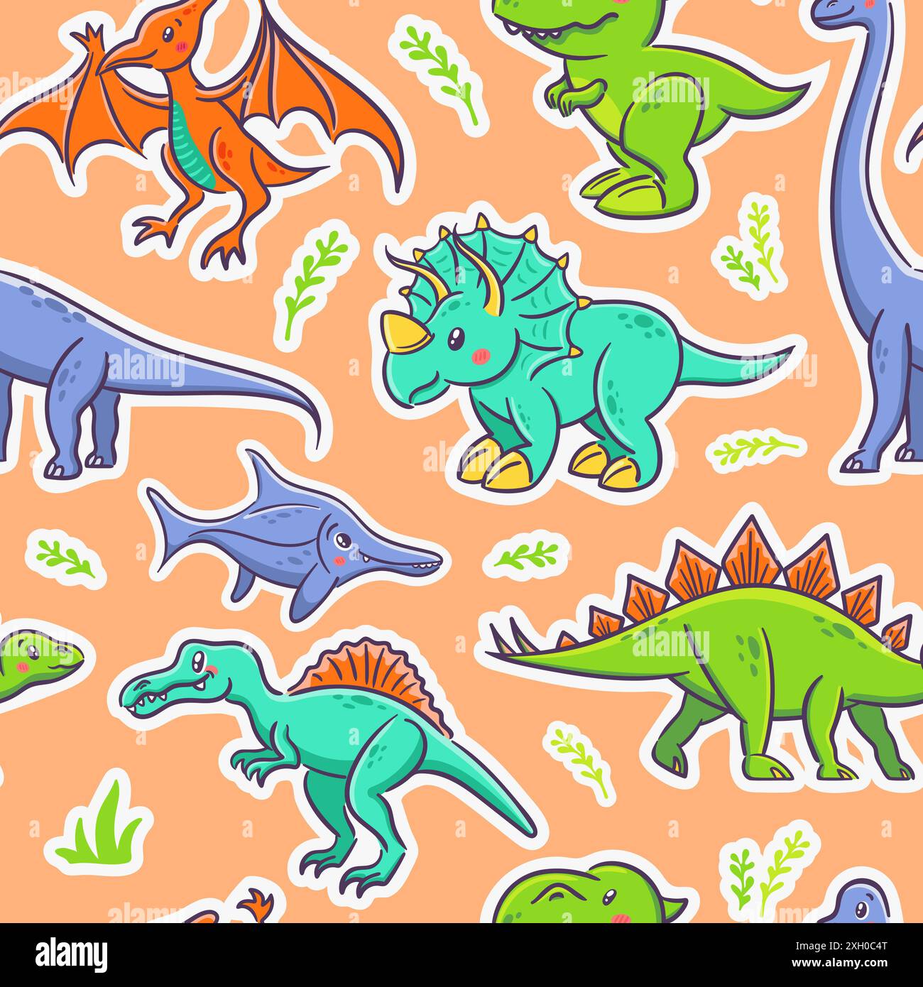Seamless pattern of cute dinosaurs in Asian kawaii style. Tyrannosaurus ...