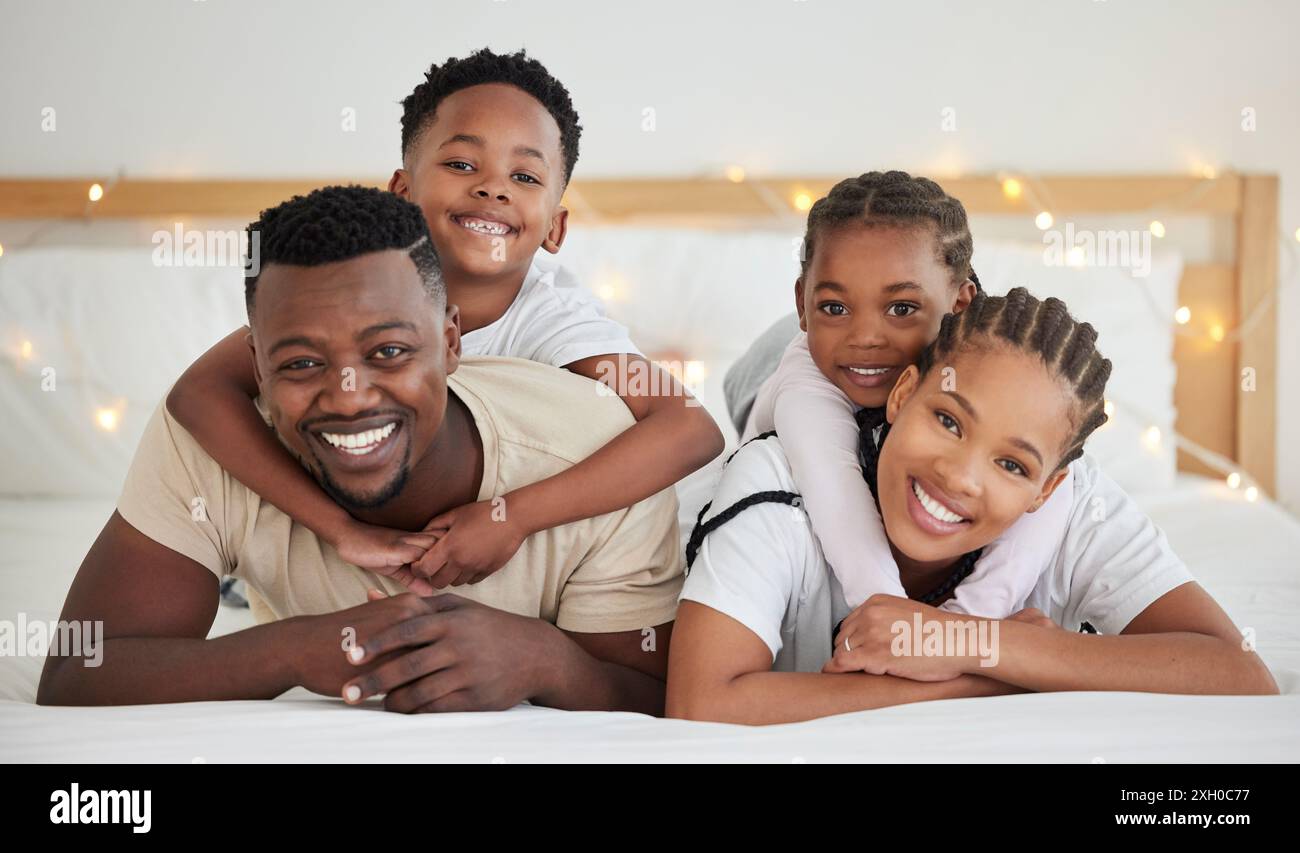 African family, portrait and hug happy children in bedroom with foster ...