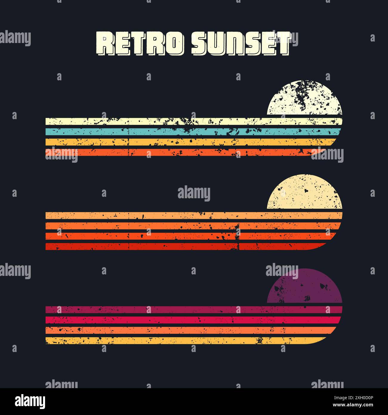 Grunge horizontal vintage sunsets. Various colorful striped sunrise ...