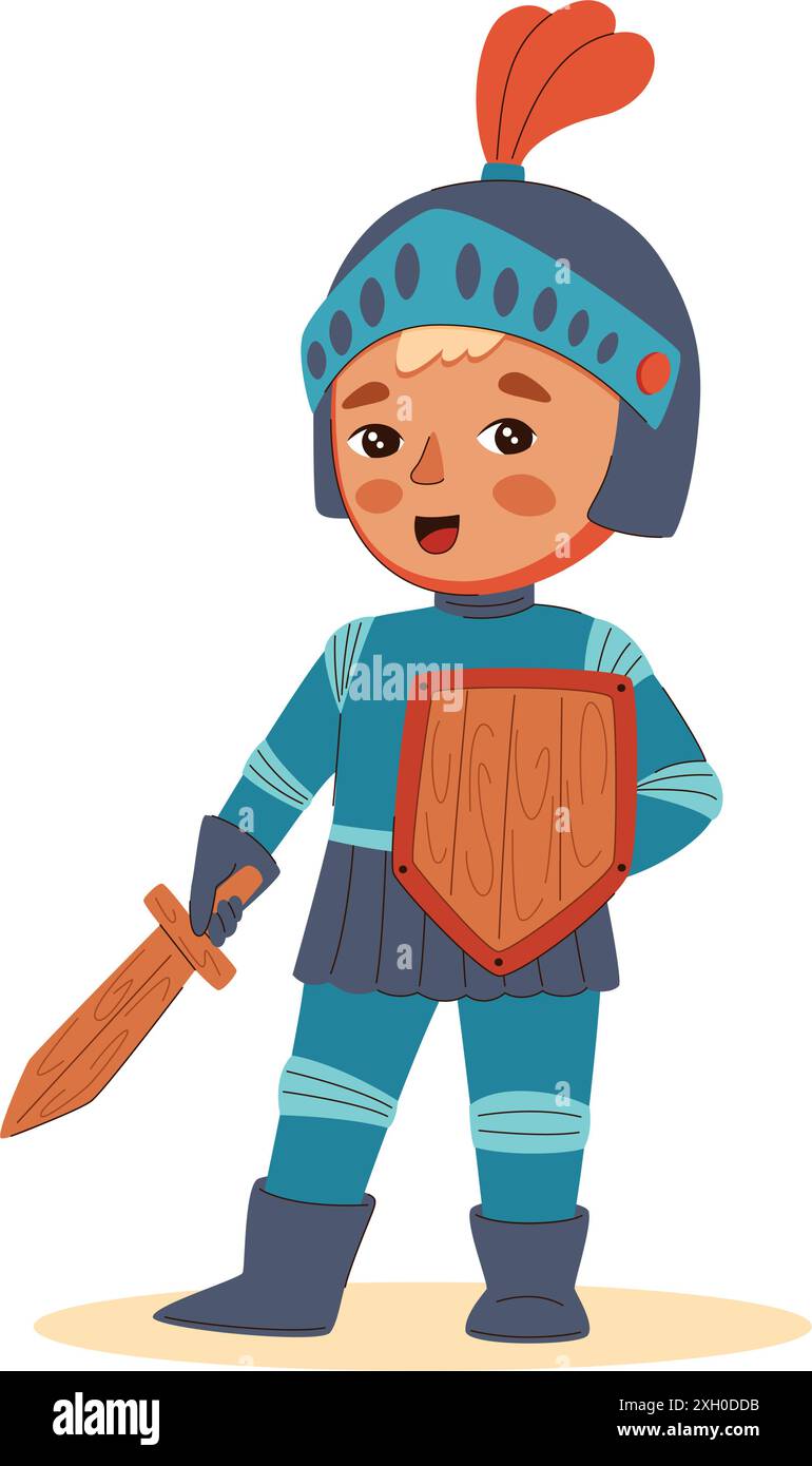 Cute boy dressed as a knight with a wooden sword and shield Stock ...
