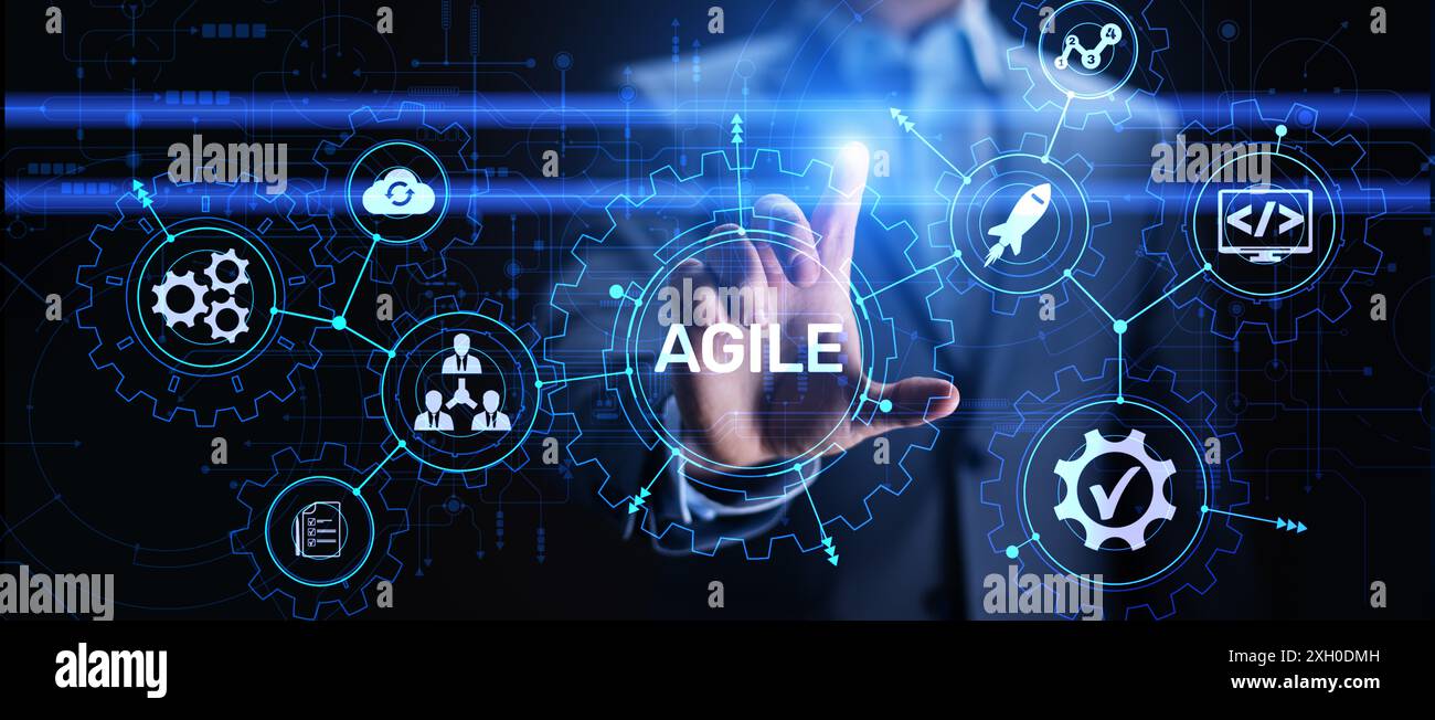 Agile development methodology concept on virtual screen. Technology ...