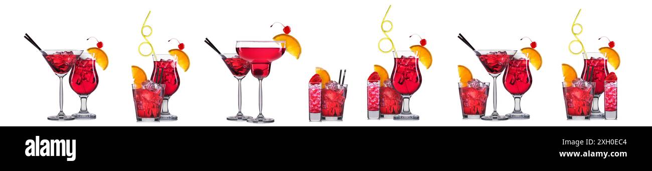 Set of red cocktails with decoration from fruits and colorful straw ...