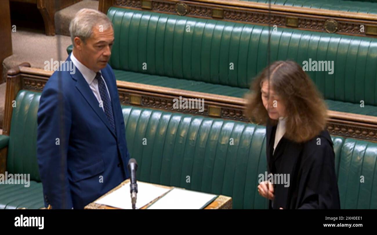 Reform UK leader, Nigel Farage (left) swears an oath of allegiance to ...