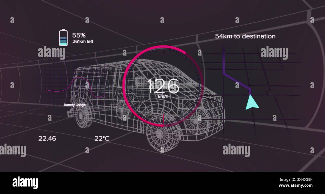 Image of speedometer and power level over van project on black ...