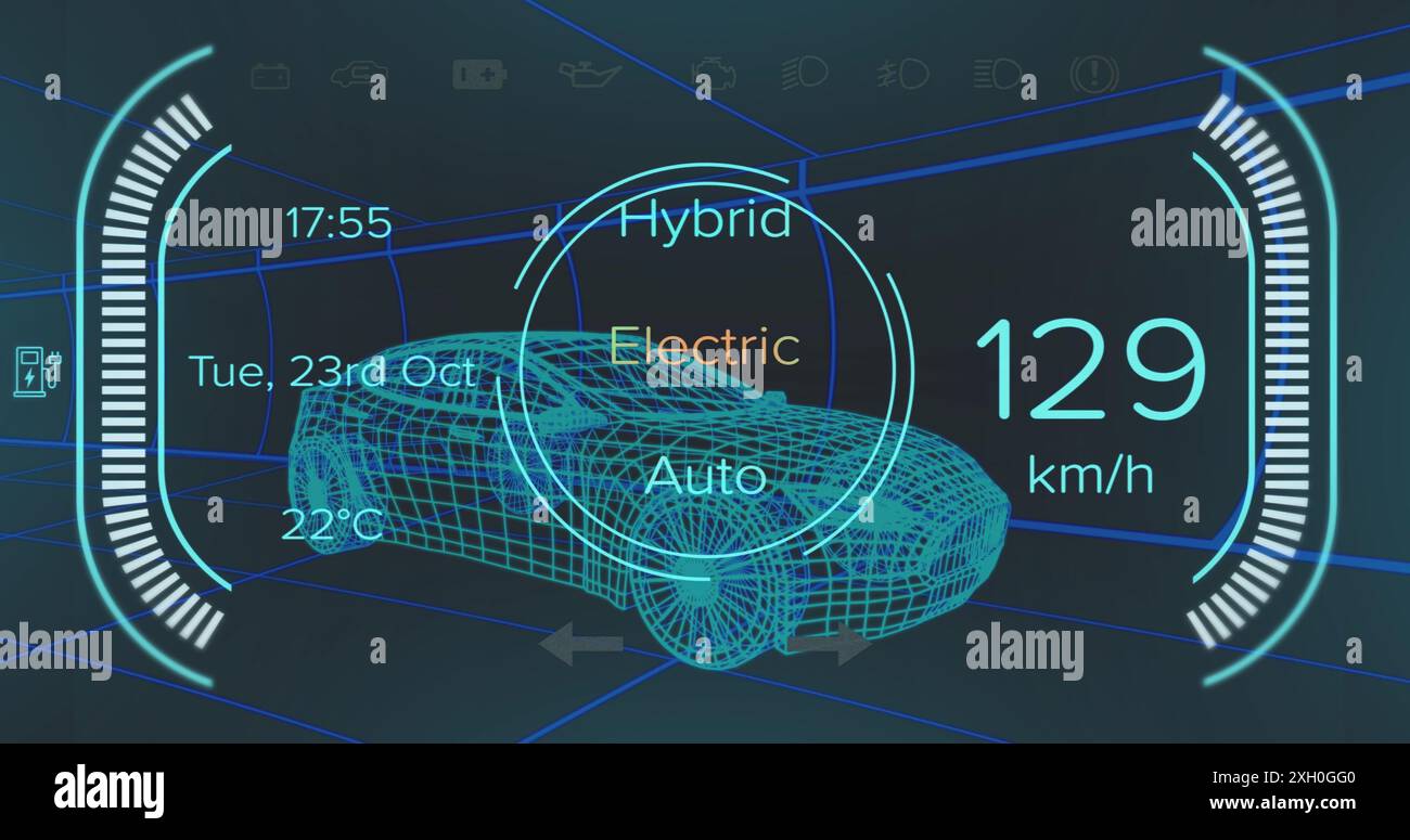 Image of speedometer and power level over car project on black ...
