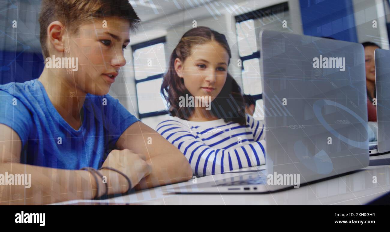 Image of multiple graphs over caucasian boy and girl discussing over ...