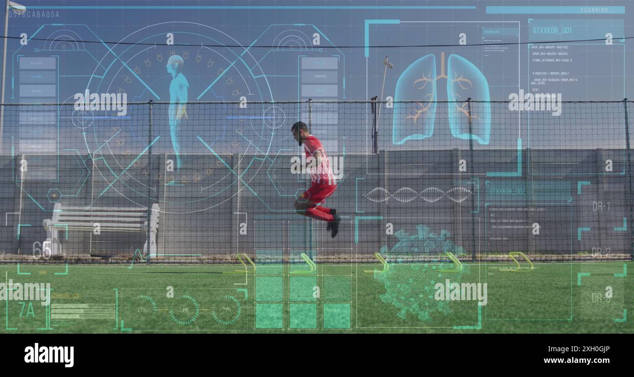 Image of businesswoman and on rugby over sports stadium. Medical ...