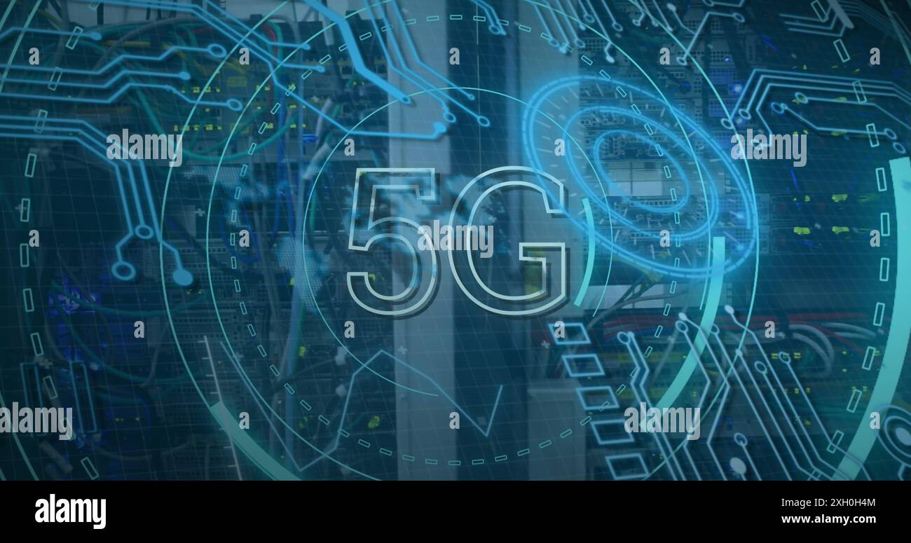 Image of scope scanning with 5g text and data processing over server room. Global technology ...