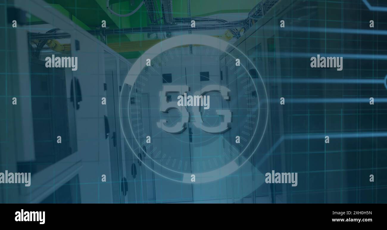 Image of scope scanning with 5g text and data processing over server room. Global technology ...