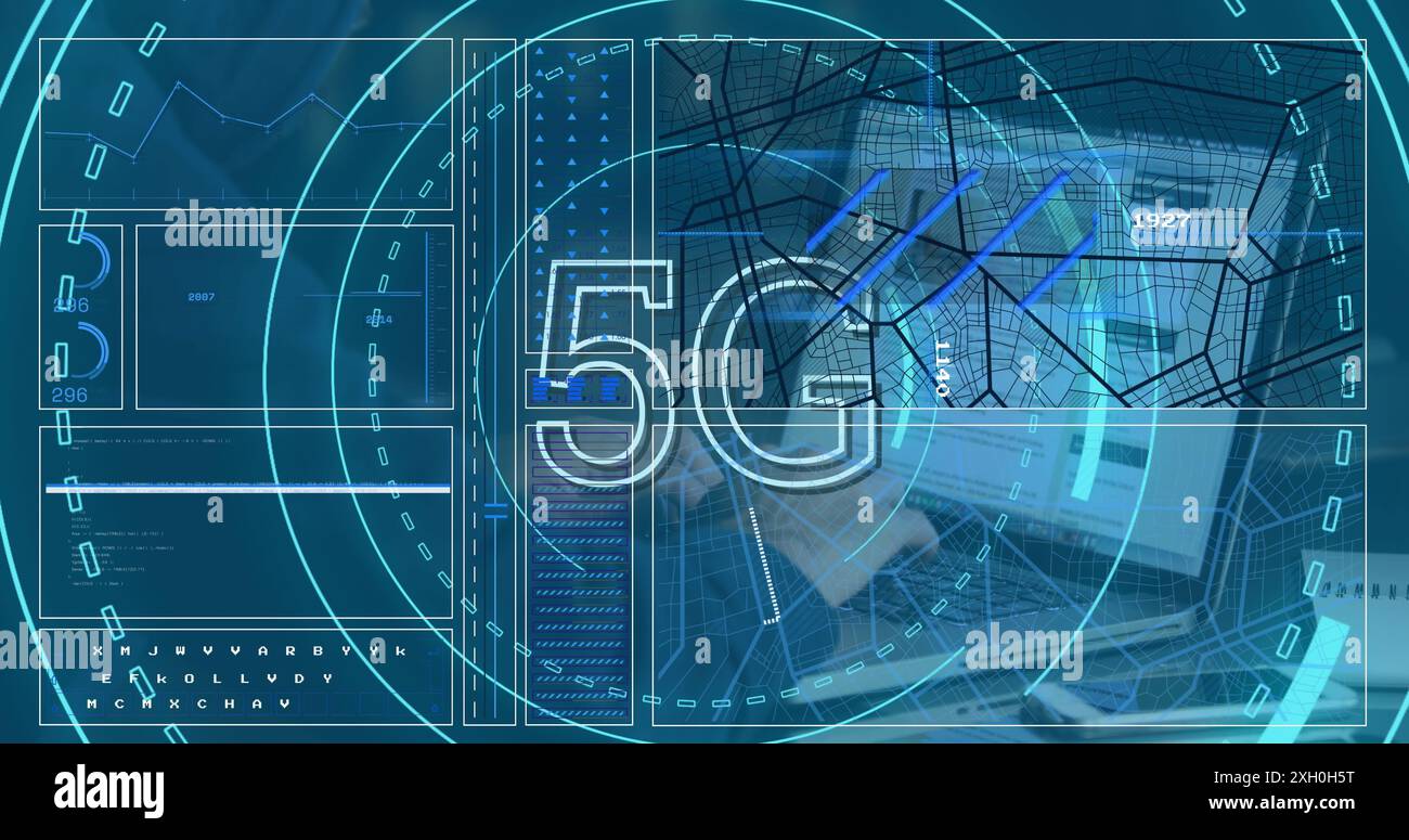 Image of scope scanning with 5g text and data processing over caucasian male hacker. Global ...