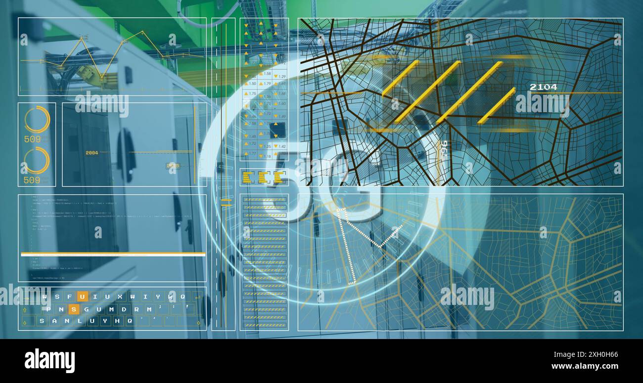 Image of scope scanning with 5g text and data processing over server room. Global technology ...